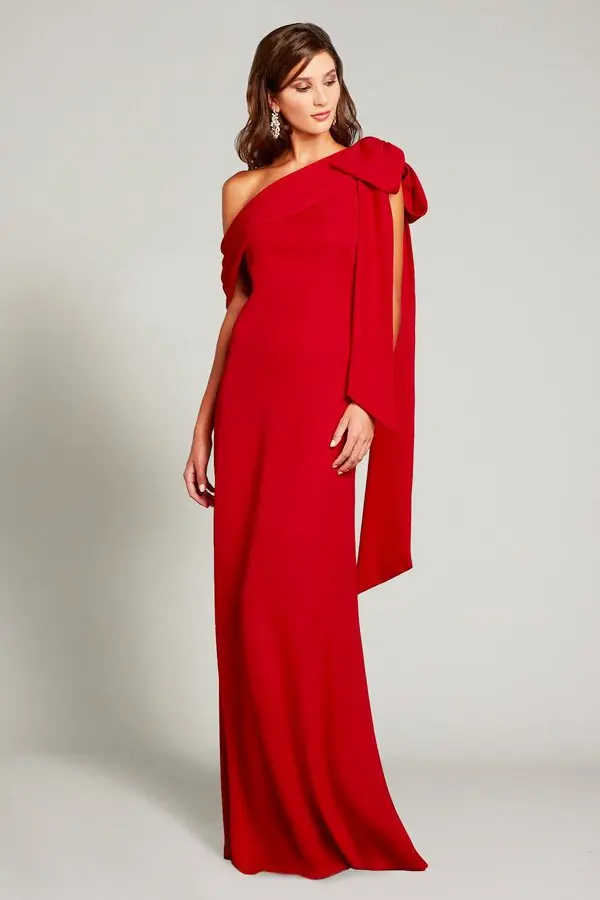 Tadashi Shoji Cassia Bow-shoulder Crepe Gown - Flame
