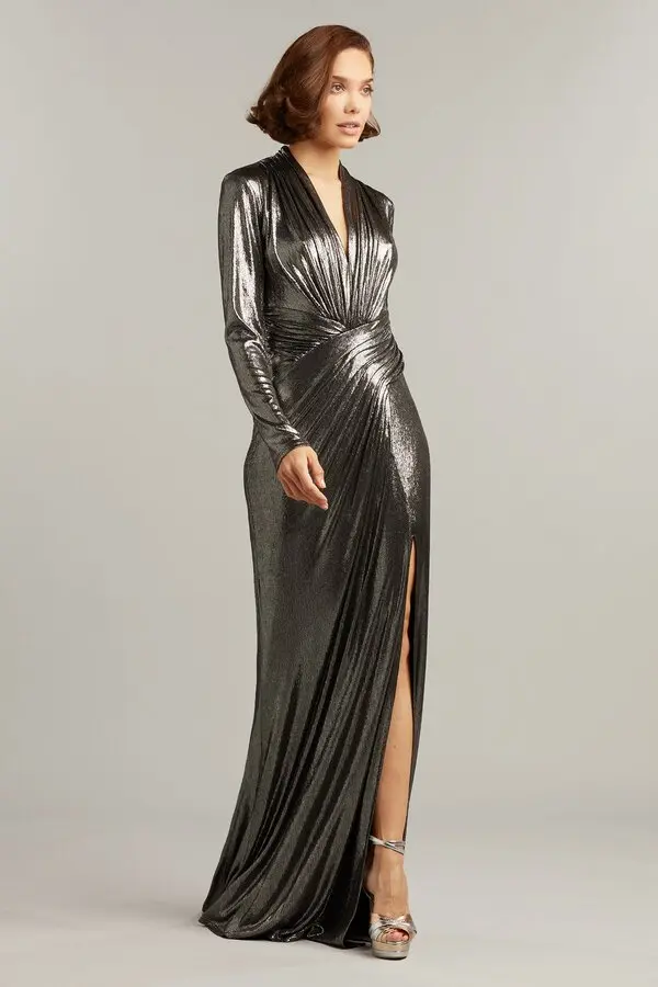 Tadashi Shoji Imanie Draped Lamé Gown - Bronze