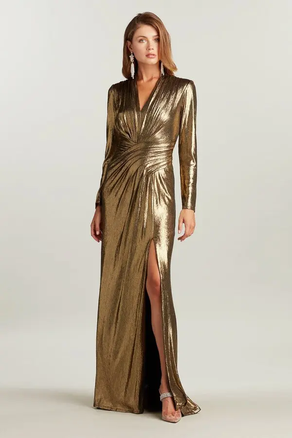 Tadashi Shoji Imanie Draped Lamé Gown - Bronze