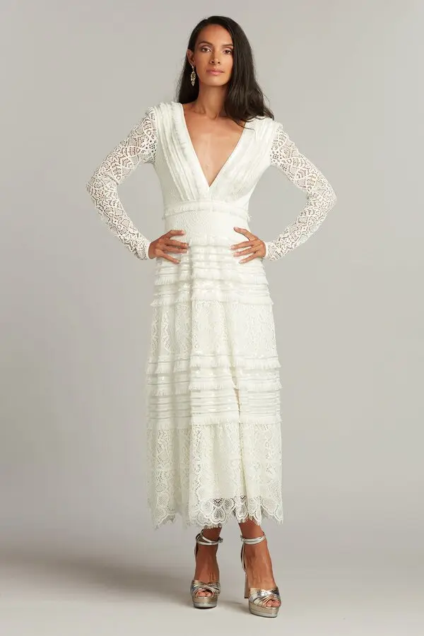 Tadashi Shoji Clio Lace & Fringe Long Sleeve Midi Dress - Ivory