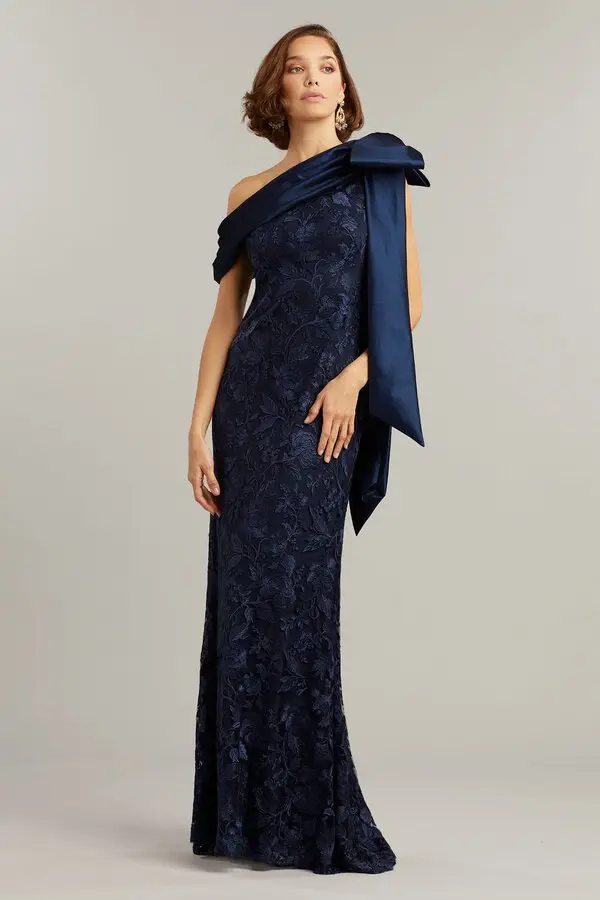 Tadashi Shoji Hamond Draped One-shoulder Gown - Navy