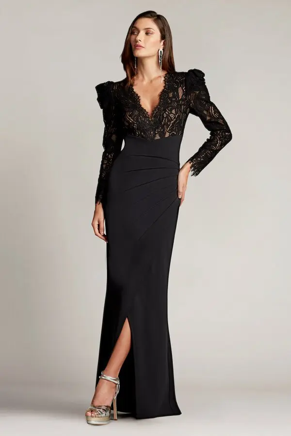 Tadashi Shoji Marshal Crepe & Lace Gown - Black/nude