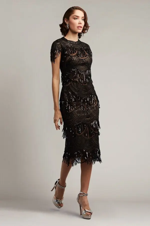 Tadashi Shoji Lorene Sequin Flapper Fringe Dress - Black/nude