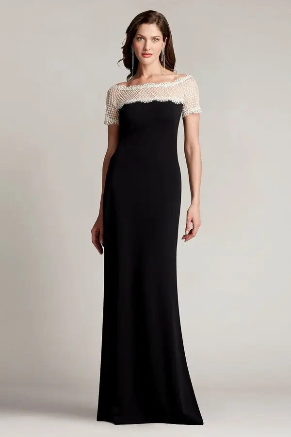 Tadashi Shoji Thelma Contrast Illusion Crepe Gown - White/black