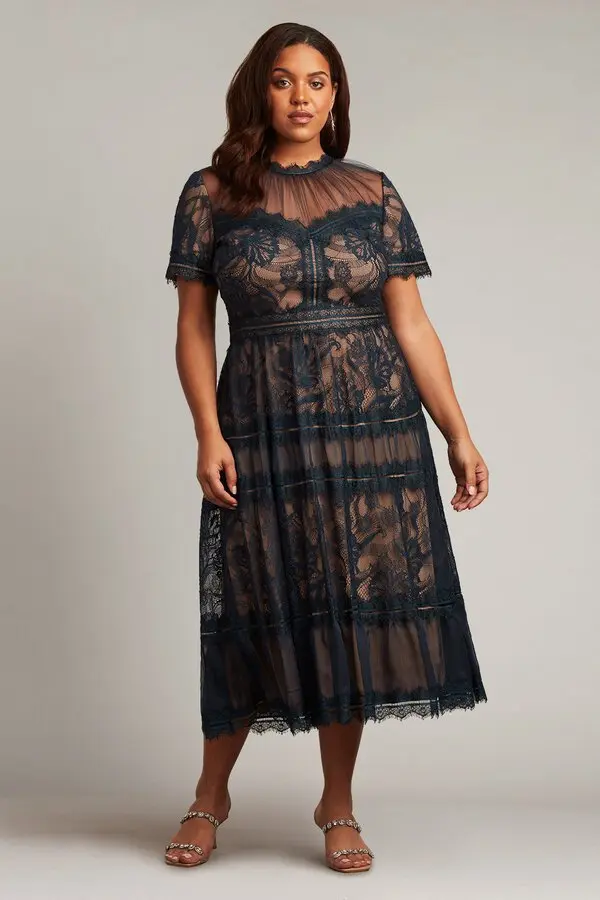 Tadashi Shoji Camilla Tea-length Dress Plus Size - Navy/nude
