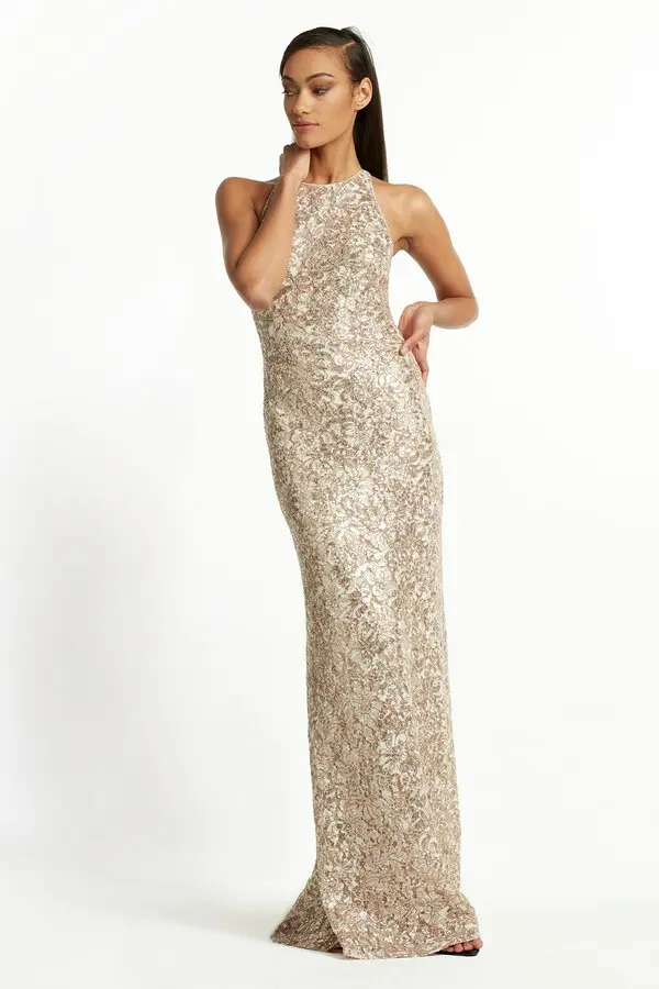 Tadashi Shoji Brinkley Sequin Lace Halter Gown - Champagne
