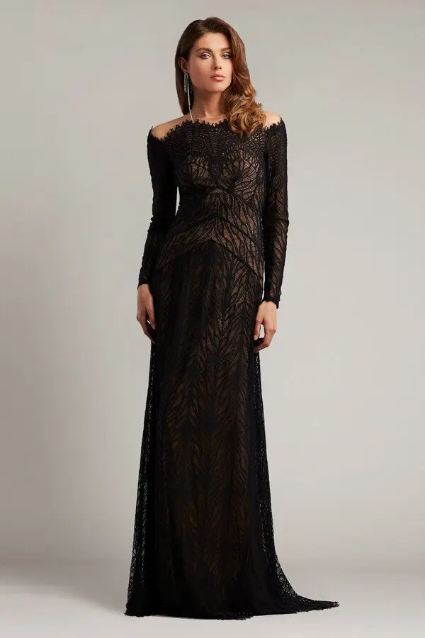 Tadashi Shoji Marvin Illusion Lace Gown - Black/nude