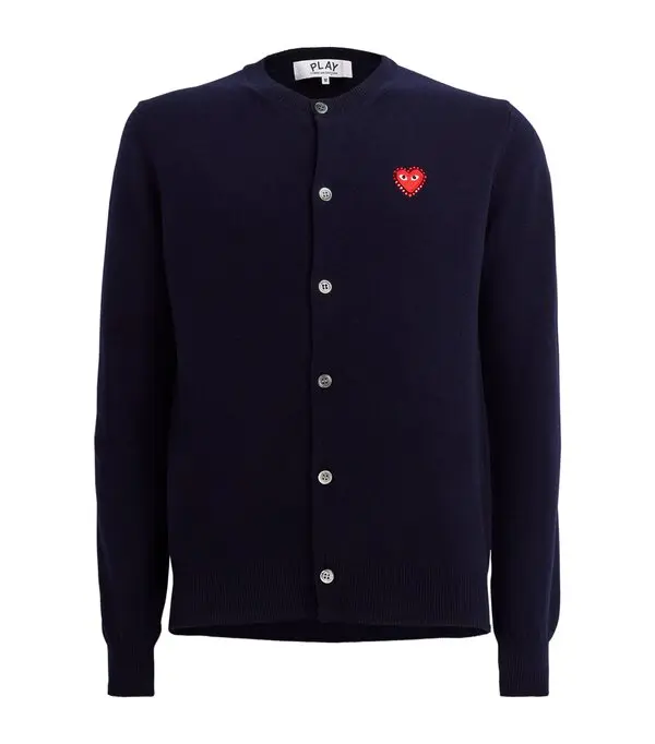 Play Comme Des Garcon Wool Rhinestone Heart Logo Cardigan - Navy