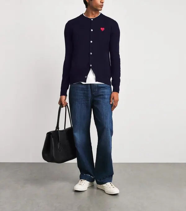 Play Comme Des Garcon Wool Rhinestone Heart Logo Cardigan - Navy