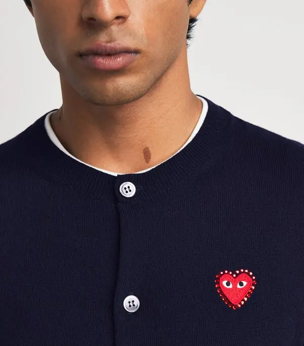 Play Comme Des Garcon Wool Rhinestone Heart Logo Cardigan - Navy