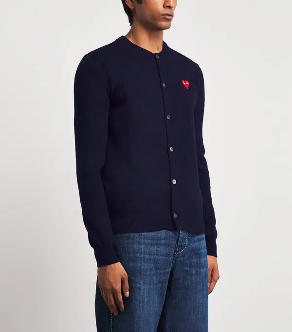Play Comme Des Garcon Wool Rhinestone Heart Logo Cardigan - Navy