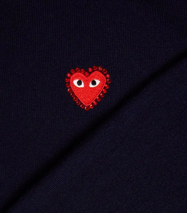 Play Comme Des Garcon Wool Rhinestone Heart Logo Cardigan - Navy