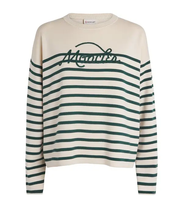 Moncler Virgin Wool Stripe Logo Sweater - White