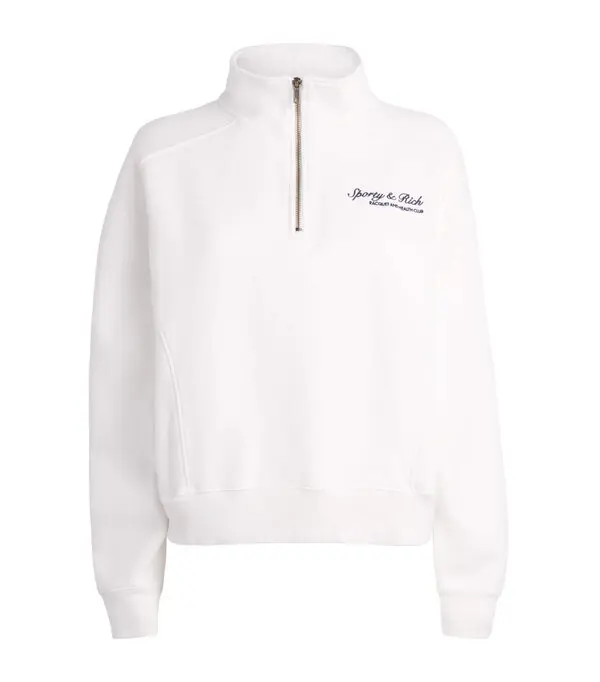 SPORTY & RICH Embroidered Syracuse Quarter-zip Sweatshirt - White