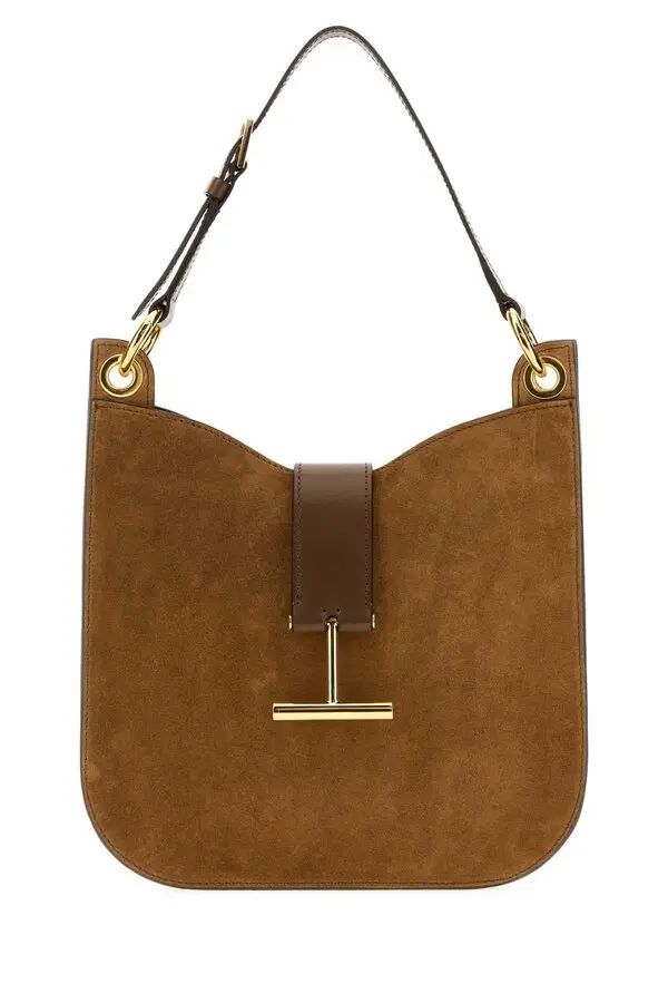 TOM FORD Camel Suede Shoulder Bag With Golden Metal Finishing - Brown