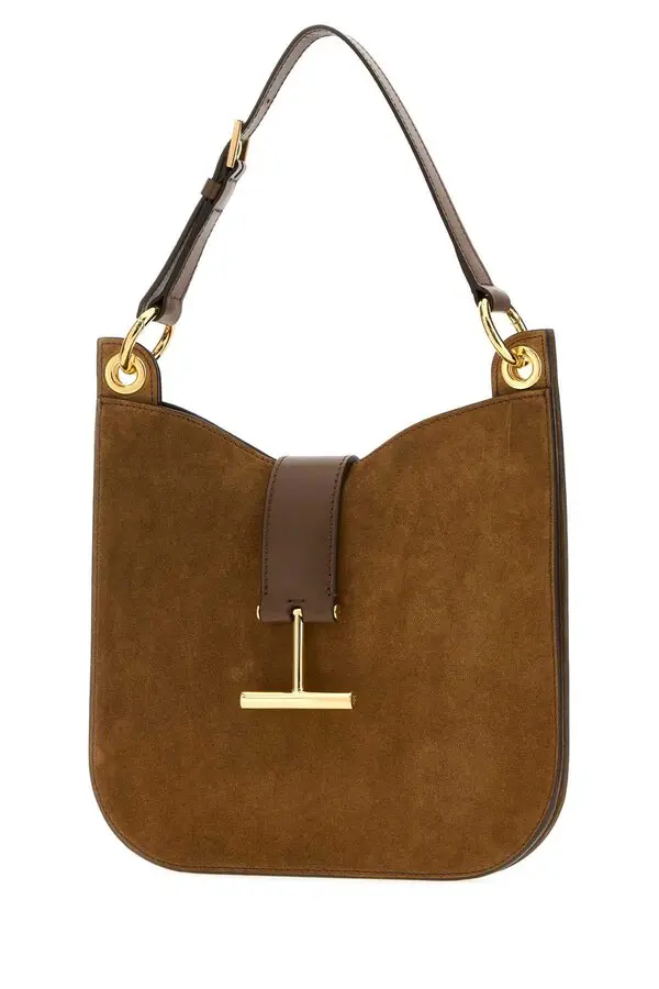TOM FORD Camel Suede Shoulder Bag With Golden Metal Finishing - Brown