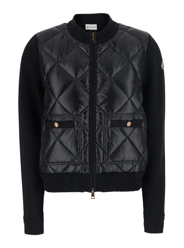 Moncler Black Crew Neck Cardigan With Logo Patch On The Sleeve In Tech Fabric And Fabric For - Multicolor