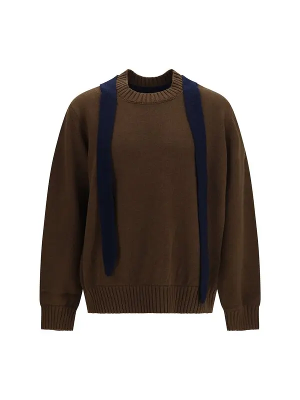Sacai Wool Knit Cardigan With Integrated Scarf - Brown