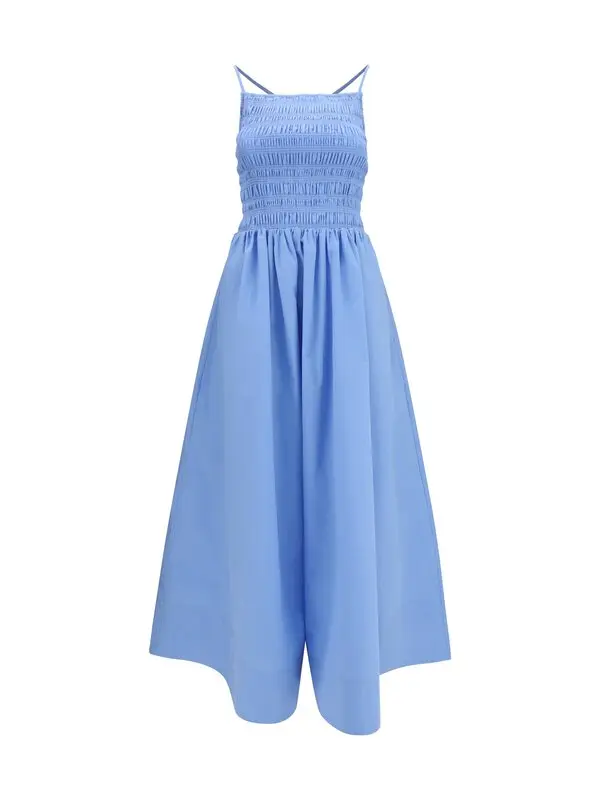 GANNI Poplin Maxi Dress With Ruched Bodice And Logo Detail - Blue