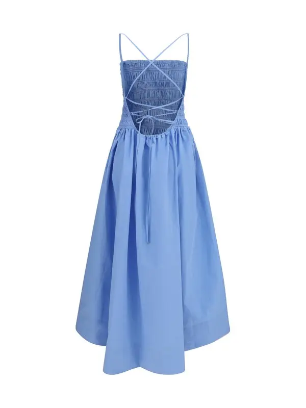 GANNI Poplin Maxi Dress With Ruched Bodice And Logo Detail - Blue