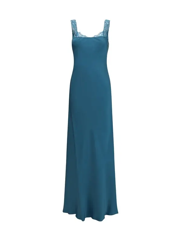 FORTE_FORTE Satin Maxi Dress With Lace Trims - Blue