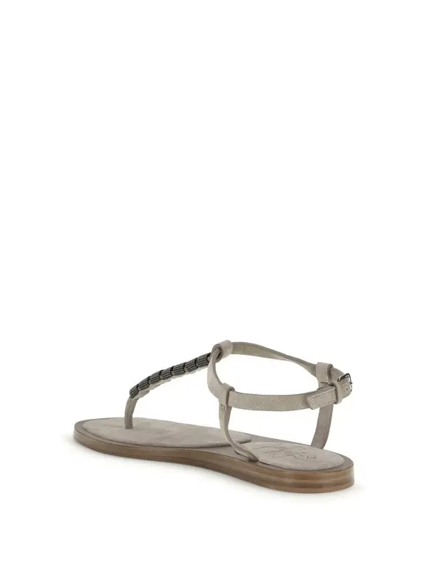 Brunello Cucinelli Embellished Calfskin T-strap Sandals