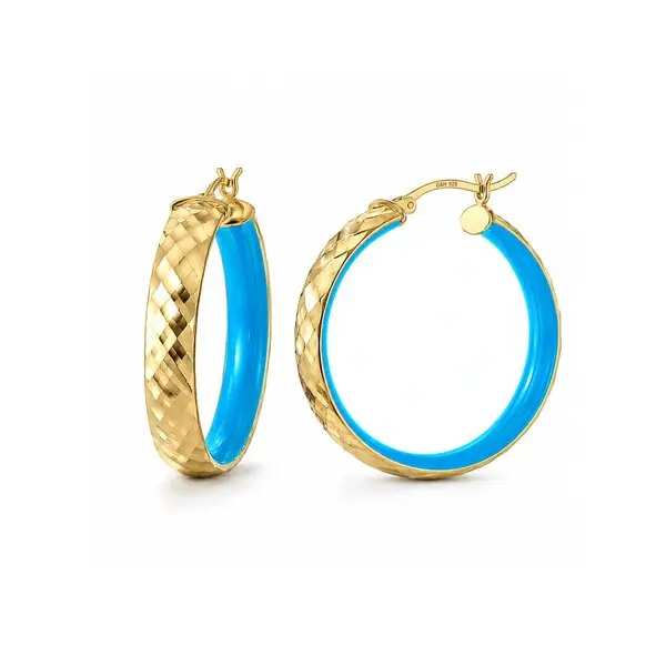 GOLD & HONEY Hammered Turquoise Enamel Hoop Earrings - Blue/gold