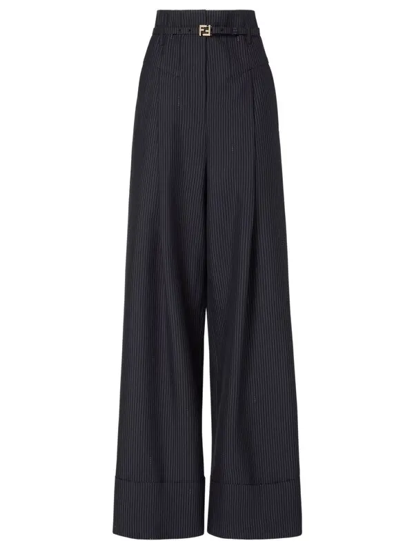 Fendi High-waisted Wool Pinstripe Trousers With Peplum Detail, Belt And Front Pleats - Blu