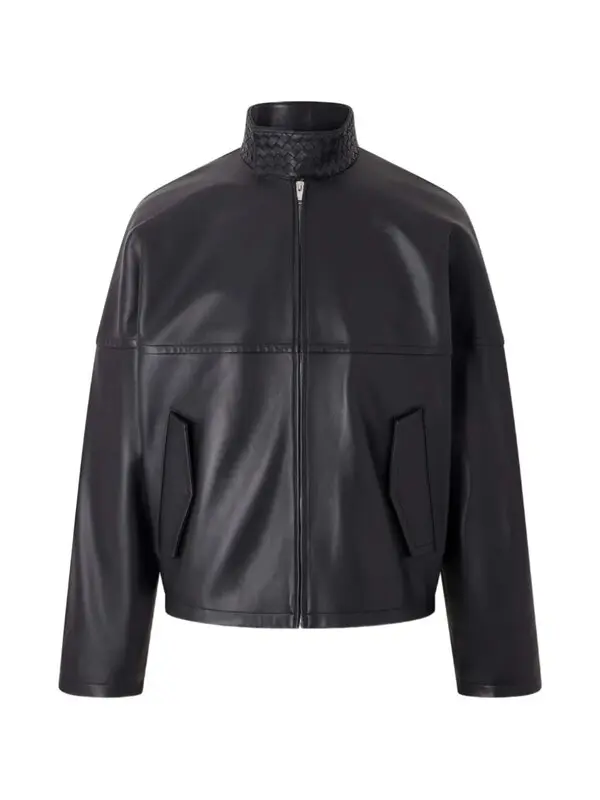 Bottega Veneta Lambskin Leather Bomber Jacket With Stand Collar - Black