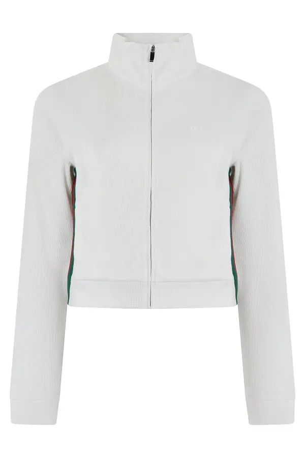Gucci Cotton Ribbed Zip Hoodie With High Collar Cropped Sweatshirt - White