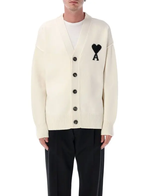 AMI Paris V-neck Wool Cardigan With Heart Intarsia - Beige