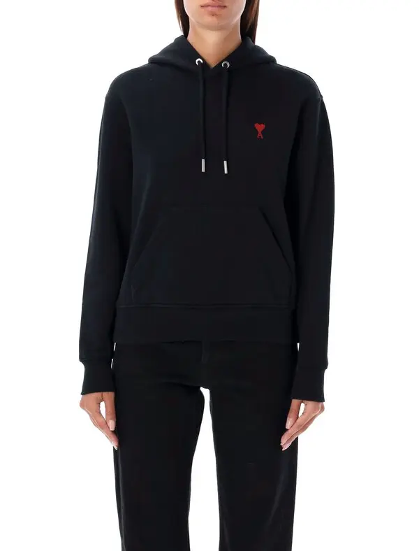 AMI Paris Relaxed Cotton Hoodie With Embroidered Heart Logo - Nero