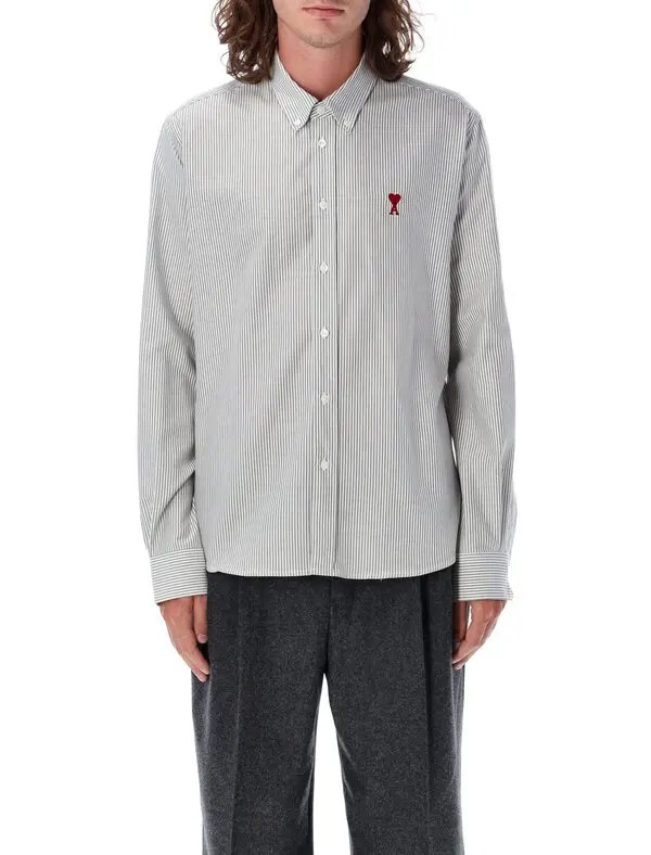 AMI Paris Regular Fit Fine Striped Cotton Shirt With Red Heart Embroidery - Bianco