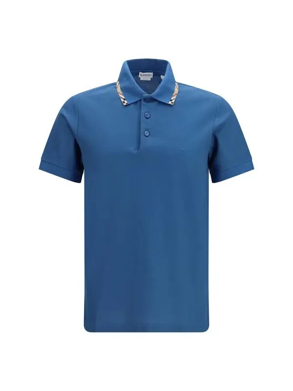 Burberry Cotton Polo With Check Trims - Blue