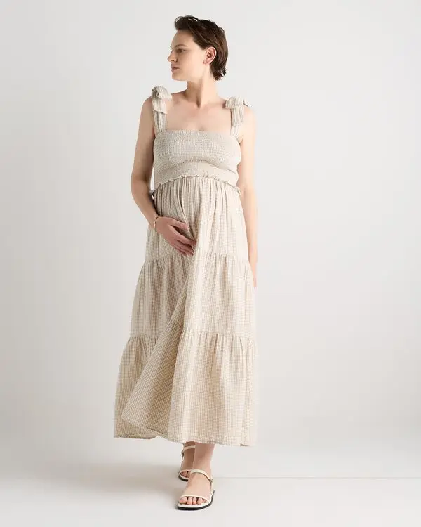 Quince Gauze Smocked Sleeveless Midi Dress - Khaki Gingham