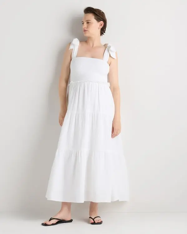 Quince Gauze Smocked Sleeveless Midi Dress - White
