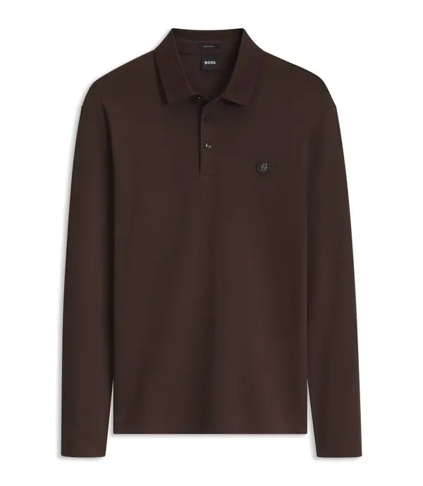 BOSS Long-sleeve Cotton Polo Shirt With Double B Monogram - Dark Brown