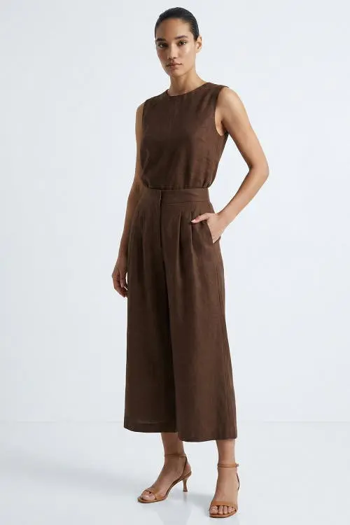EXQUISE Owen Pocket Zipper Culotte Linen Pants - Brown