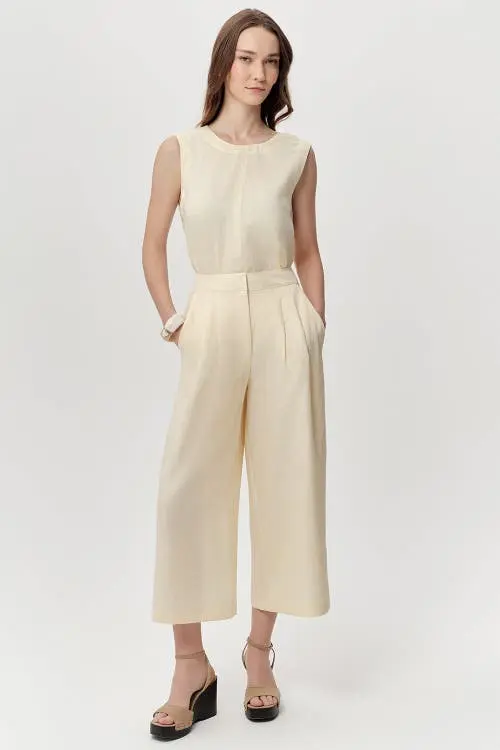 EXQUISE Owen Pocket Zipper Culotte Linen Pants - Yellow