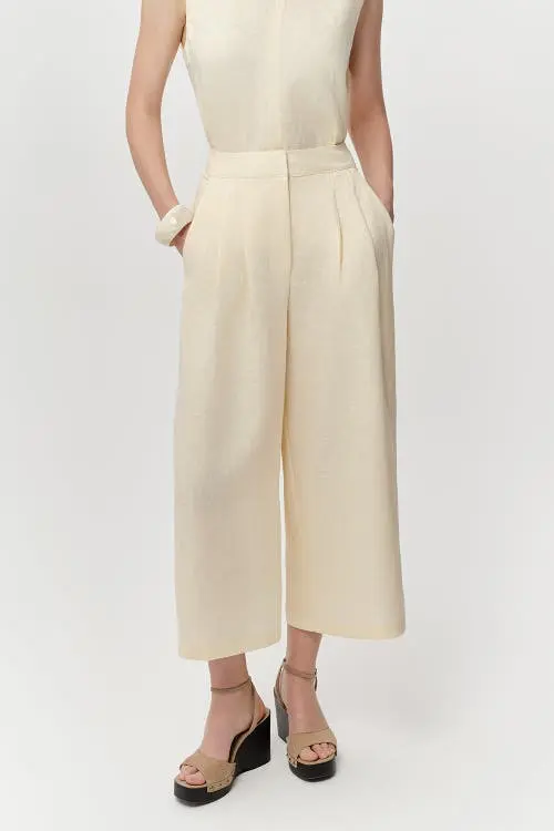 EXQUISE Owen Pocket Zipper Culotte Linen Pants - Yellow
