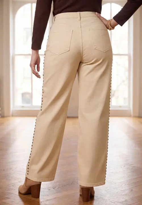JESSICA LONDON Classic Denim Wide Leg Jean - Oatmeal Studs