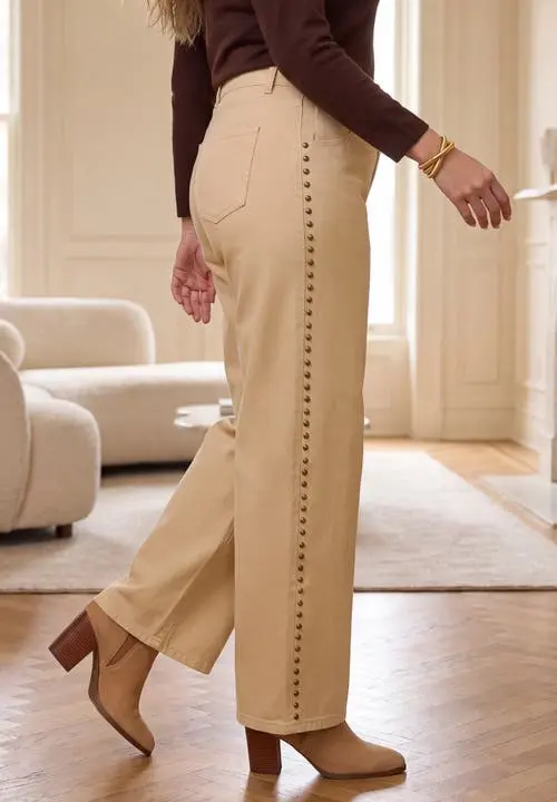 JESSICA LONDON Classic Denim Wide Leg Jean - Oatmeal Studs