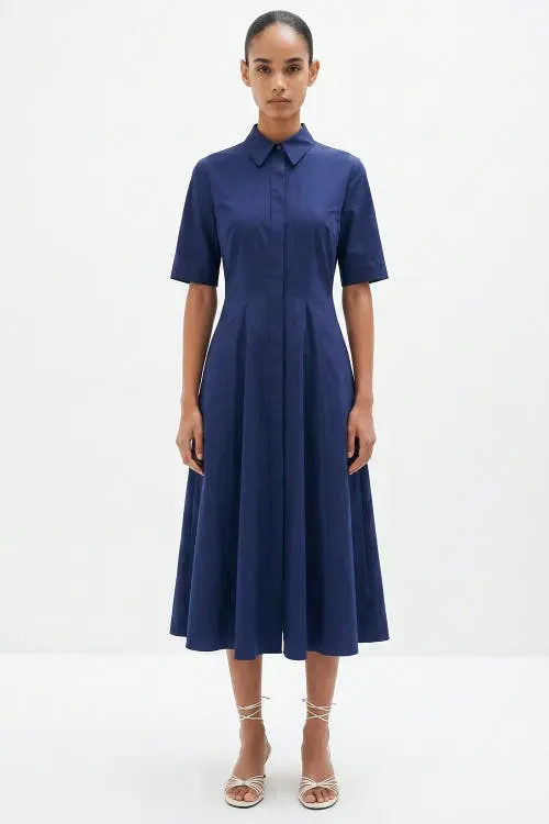 EXQUISE Darcel Short Sleeve Buttoned Midi Dress - Navy