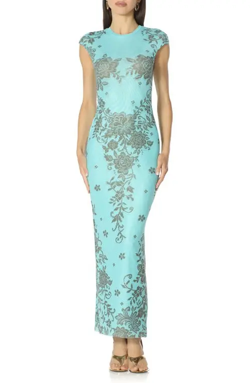 AFRM Mylo Print Mesh Maxi Dress - Turquoise Crochet
