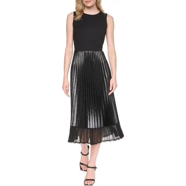 Dkny Mixed Media Sleeveless Midi Dress - Black