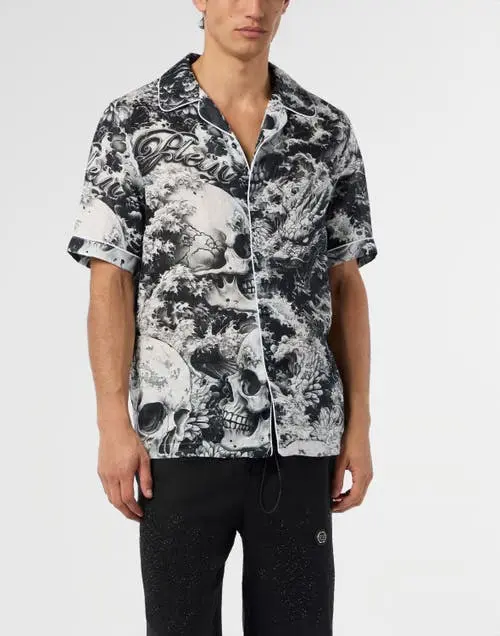 Philipp Plein Linen Bowling Shirt All-over Ceramic - Black