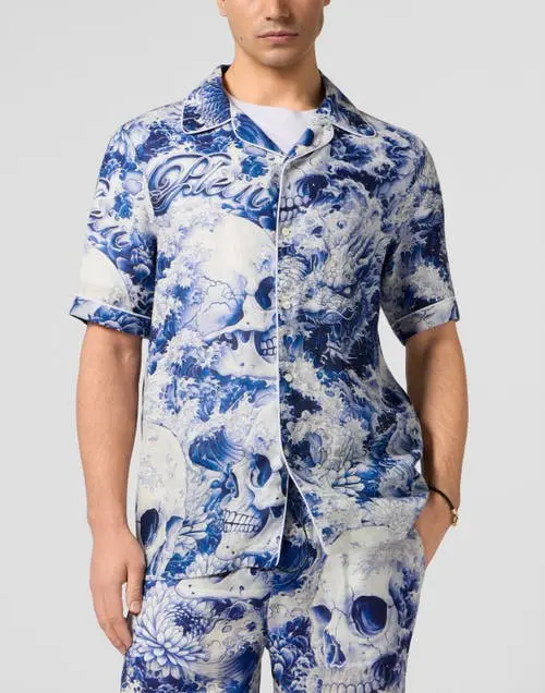 Philipp Plein Linen Bowling Shirt All-over Ceramic - Navy