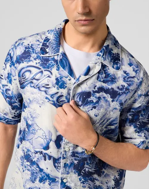 Philipp Plein Linen Bowling Shirt All-over Ceramic - Navy
