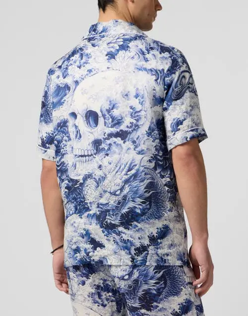 Philipp Plein Linen Bowling Shirt All-over Ceramic - Navy