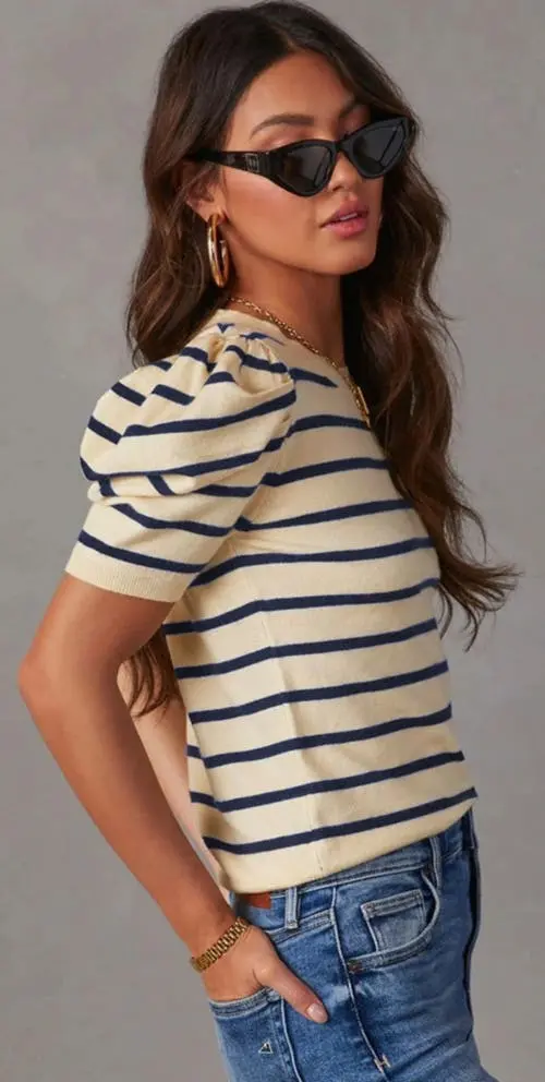 ZILPU Striped Puff Sleeve Knit Top - Apricot